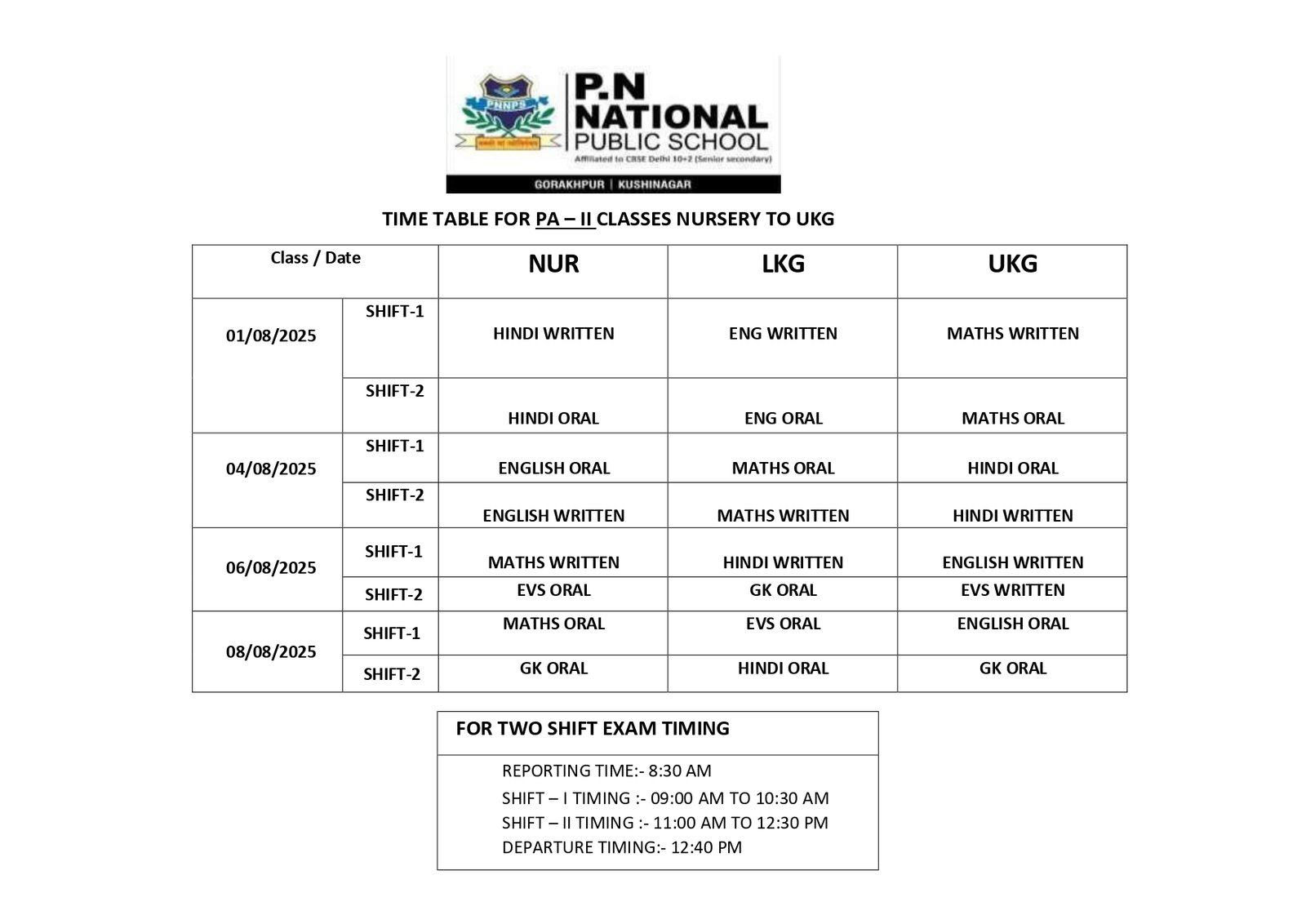 Time Table - PN National Public School